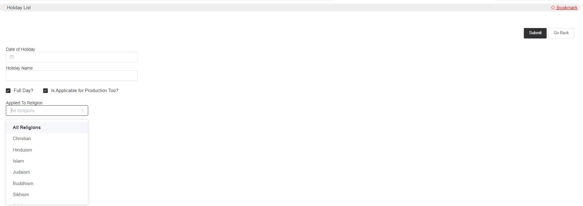 Holiday List – EasyTailorApp.com Support